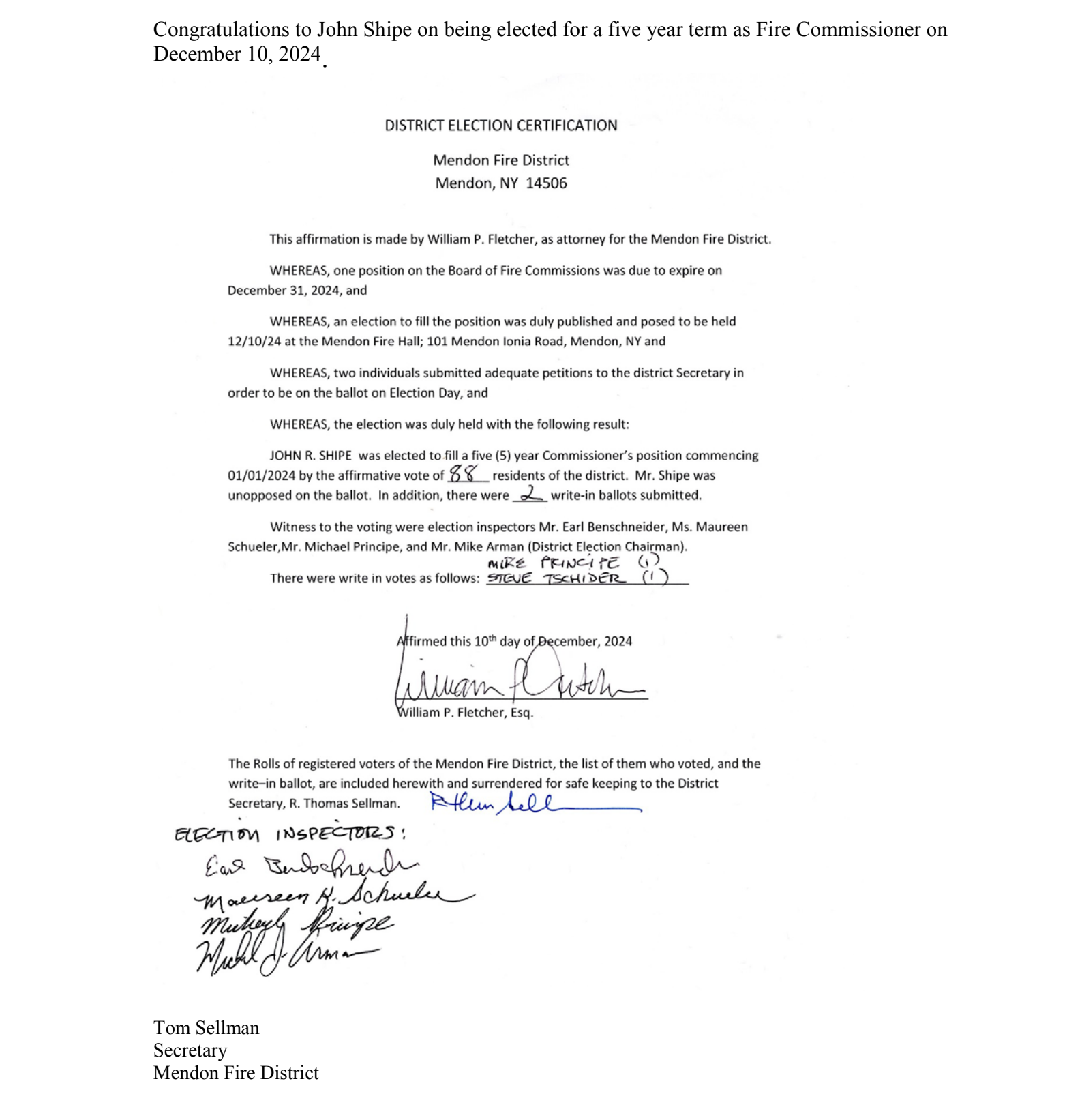 ANNOUNCEMENT OF DISTRICT ELECTION RESULTS - Mendon Fire District